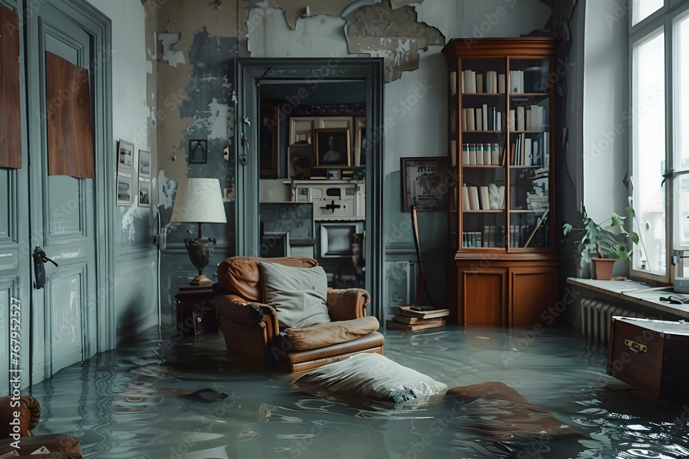 High-quality image of water-damaged living room with flooded furniture ...