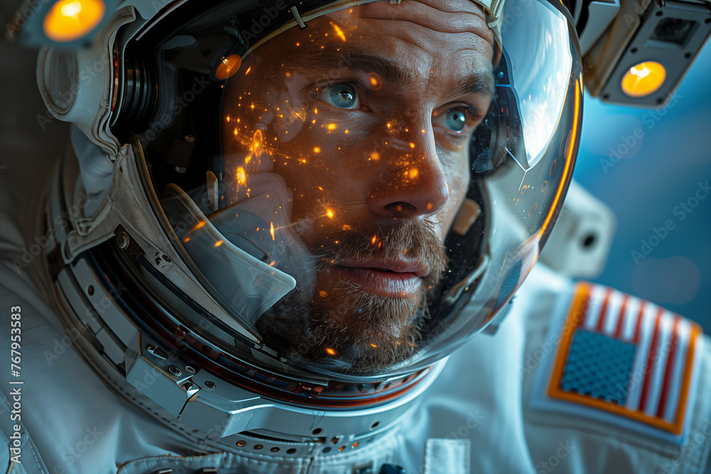 Close up of a white male astronaut with blue eyes and brown facial hair ...