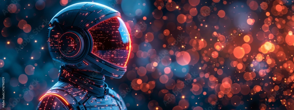A digital warrior, armor composed of code and AI elements, standing ...