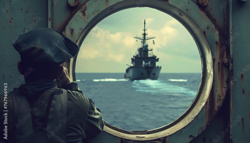 A pirate lookout atop the mast uses his spyglass to spot an approaching ...