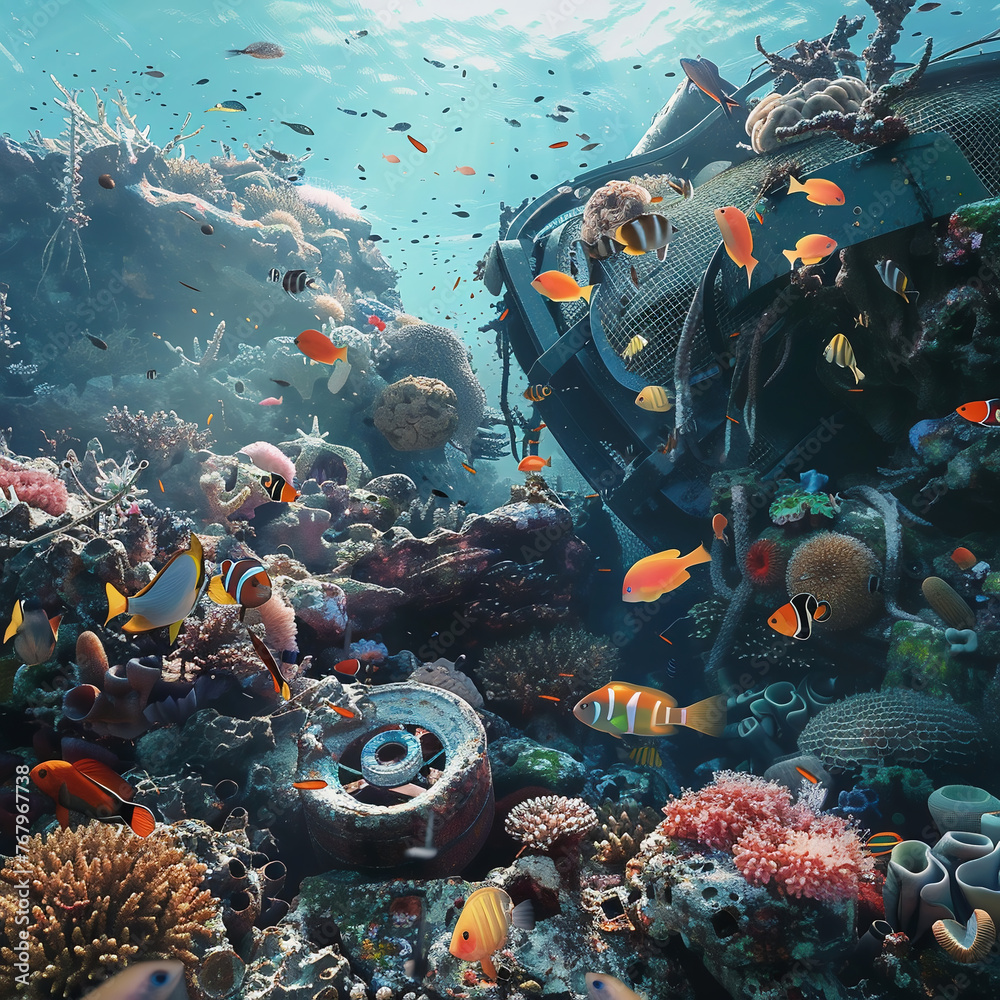 Scrap metal and plastic waste in a coral reef with corals and fish ...