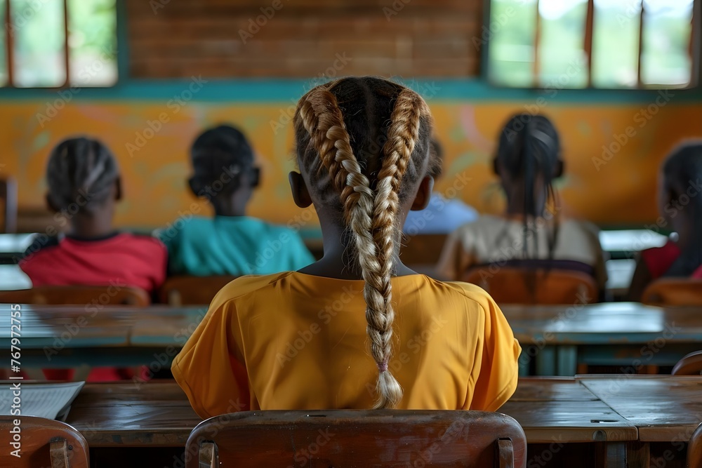 Rural schoolchildren seated at desks in class facing away from camera ...