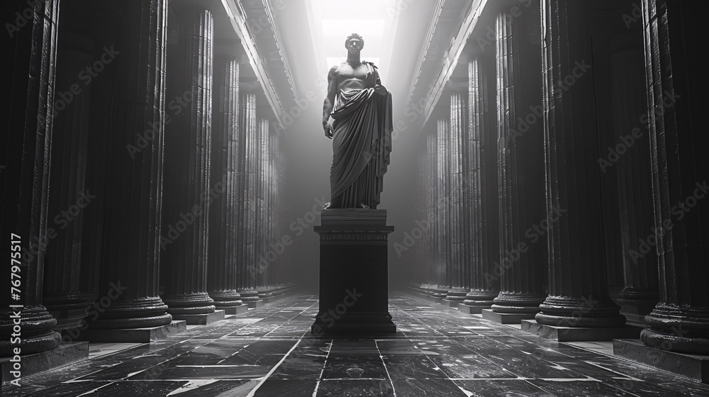 a dark of minimalist landscape depicting an ancient Greek society ...