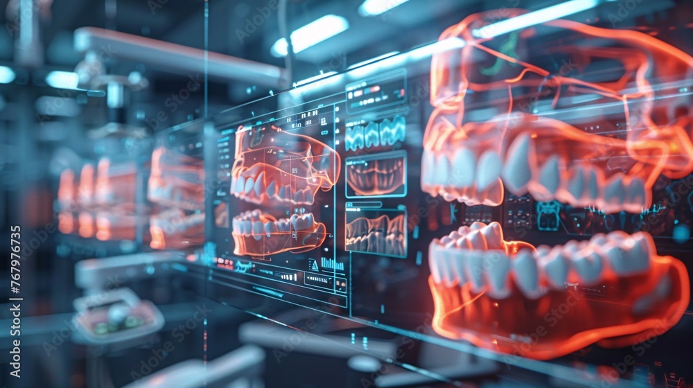 a futuristic dental analysis scene of multiple holographic displays reveal various angles and ...