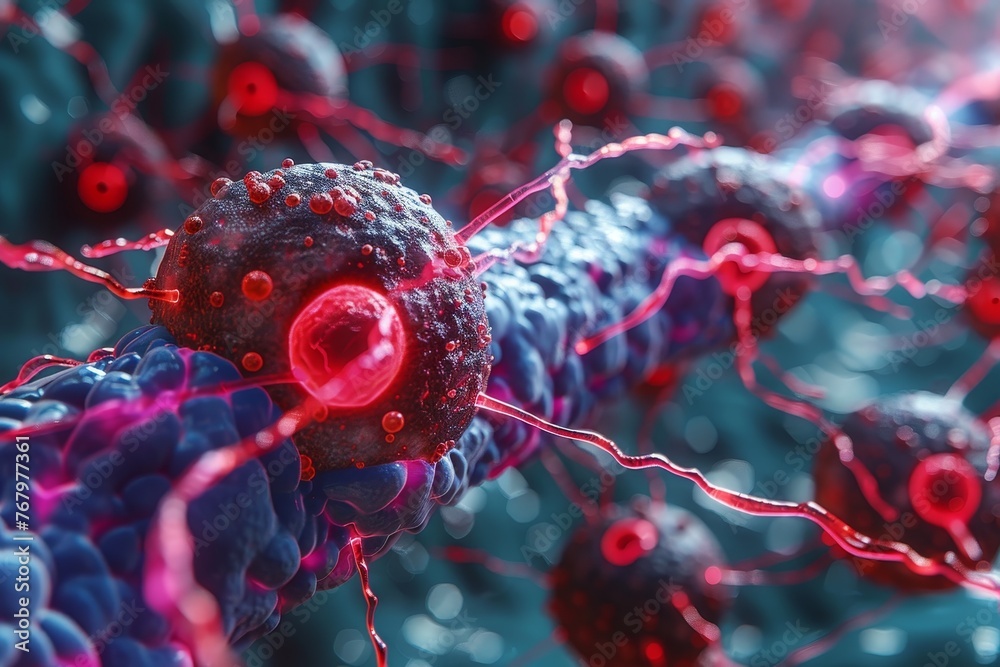 A detailed 3D illustration of a tumor surrounded by blood vessels ...