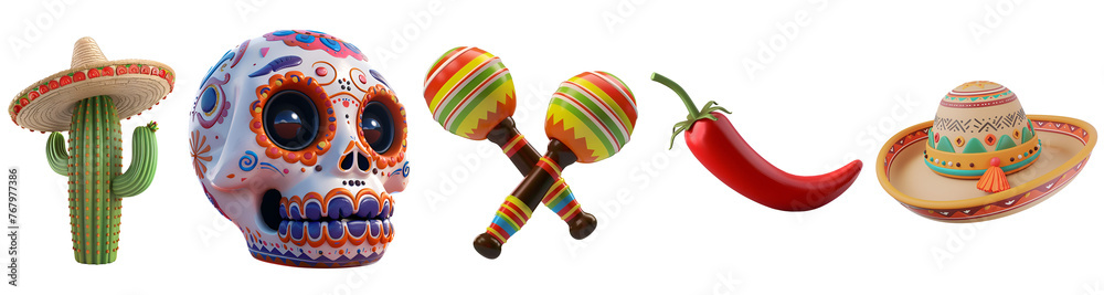 Mexican Party Symbols in Simple Cartoon 3D Illustration Render: Maracas ...