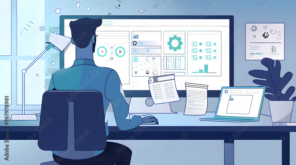 Man working at desk on modern computer back side view illustration ...