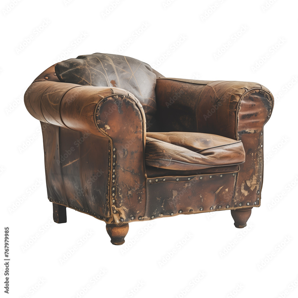 Aged, old, shabby worn armchair or sofa seat with a old fashioned ...