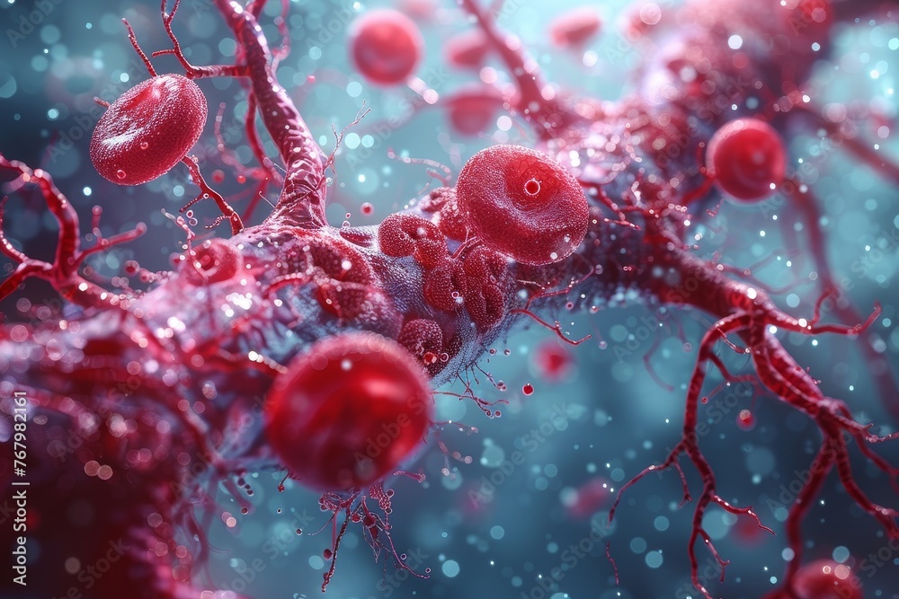 A detailed 3D render of blood vessels and cells in a human body ...