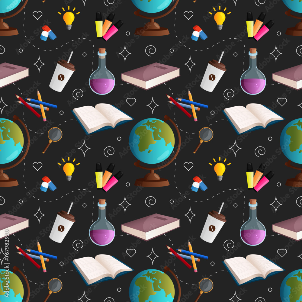 Seamless pattern with a school and education cute stickers template set ...