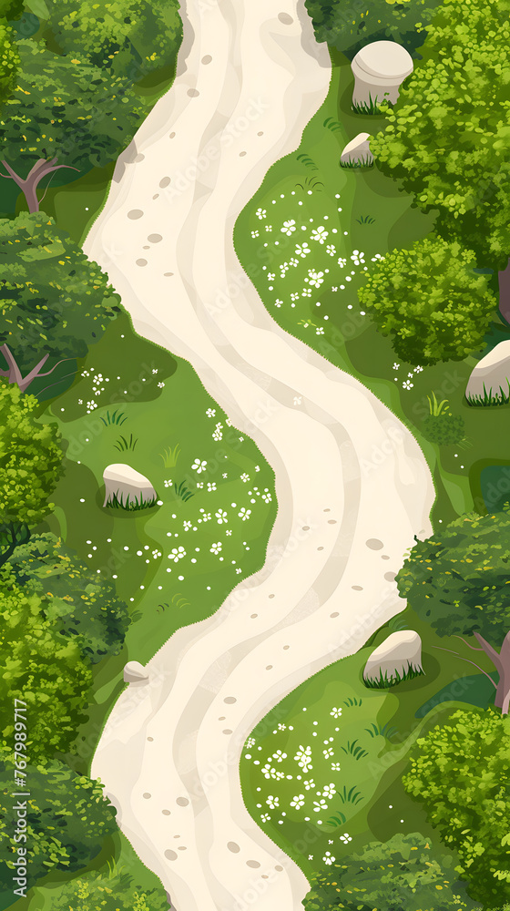 Cartoon style drawing path from bottom to the top, with grass with ...