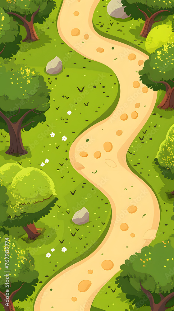 Cartoon style drawing path from bottom to the top, with grass with ...