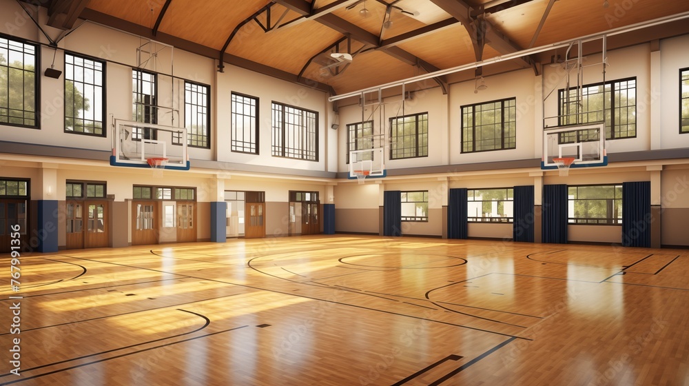 Foto de Light-filled indoor basketball court with vaulted ceilings, pro ...