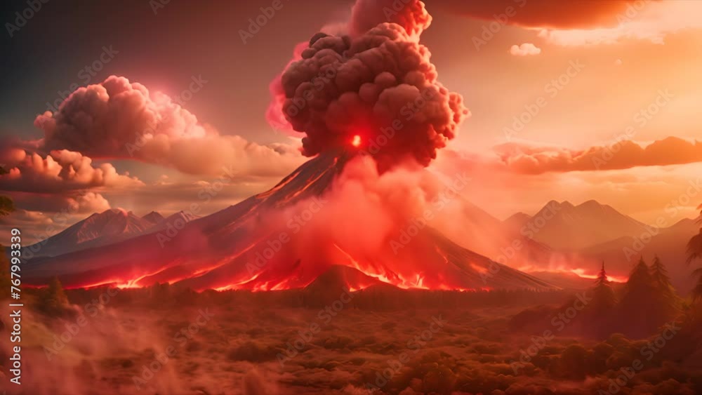 A volcanic eruption paints the natural landscape with flowing lava and ...