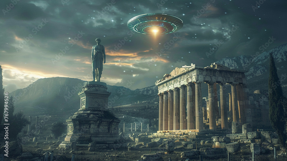 A scene showing a UFO gliding silently above the Statue of Zeus at ...