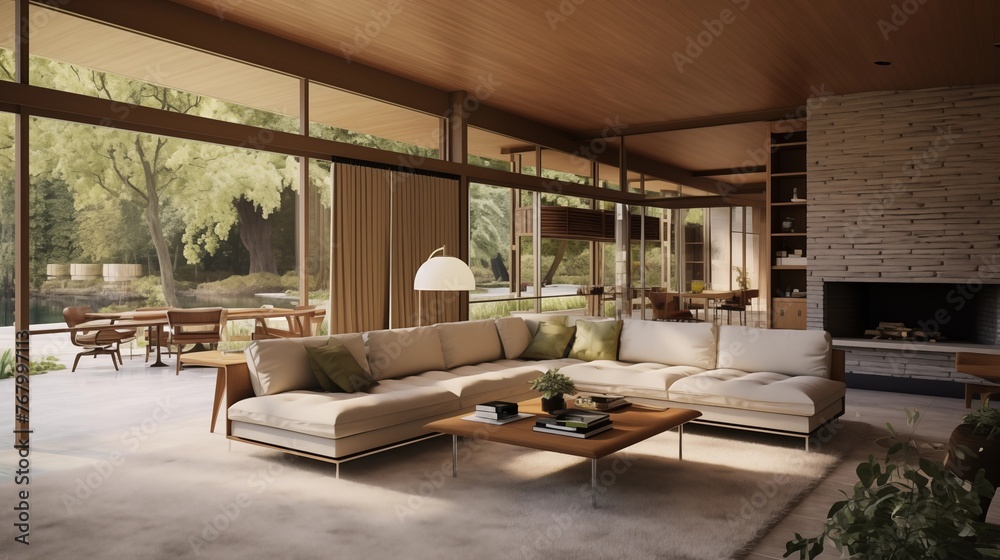 Midcentury modern great room with wood slat ceilings, clerestory ...
