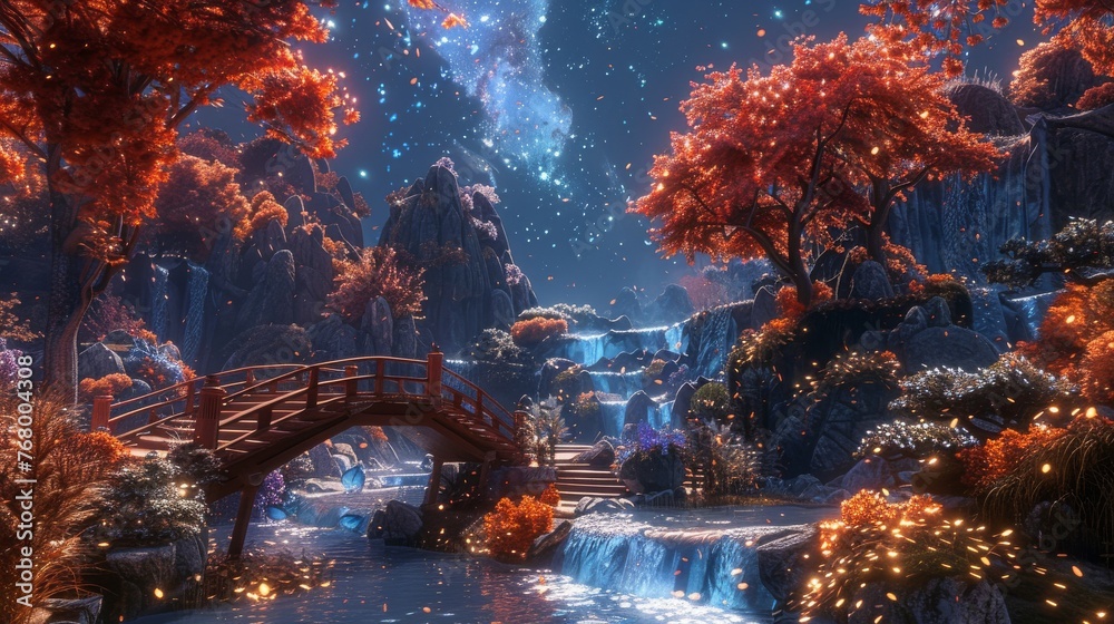 a fantasy virtual garden blending photorealistic plant textures with ...