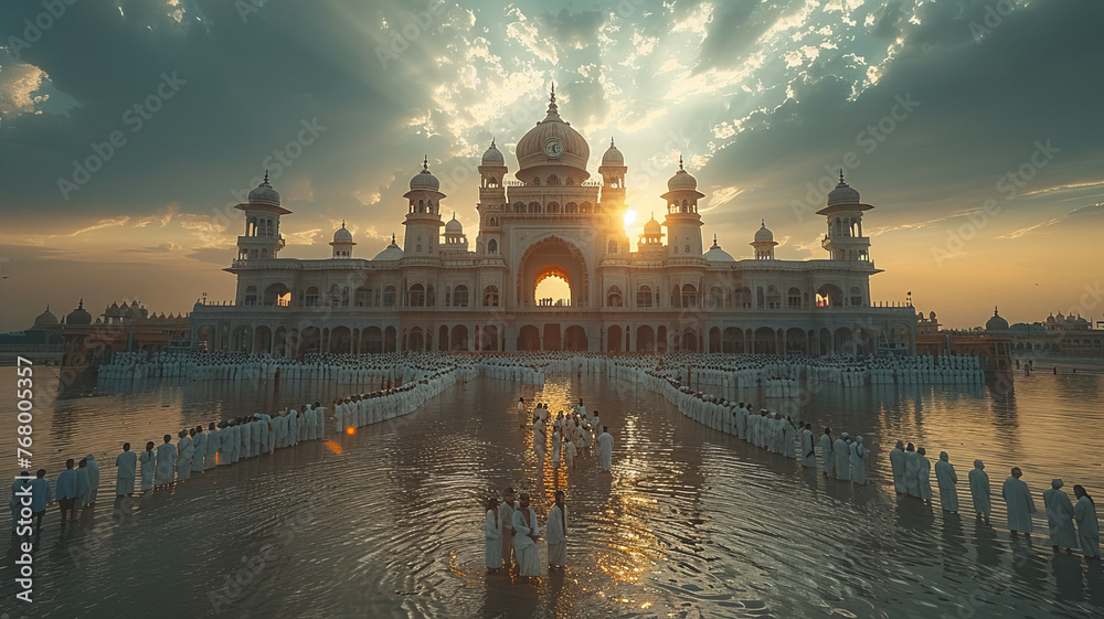 Grandiose building with a prominent clock under the bright sky, a sea ...