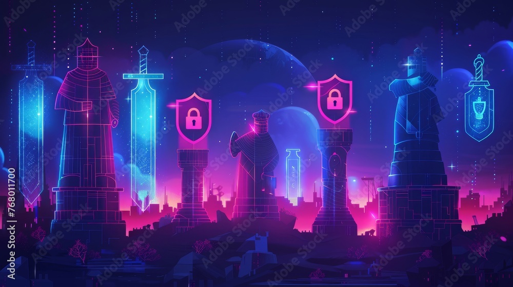 Depict a scene with futuristic guardians holding shields and swords ...