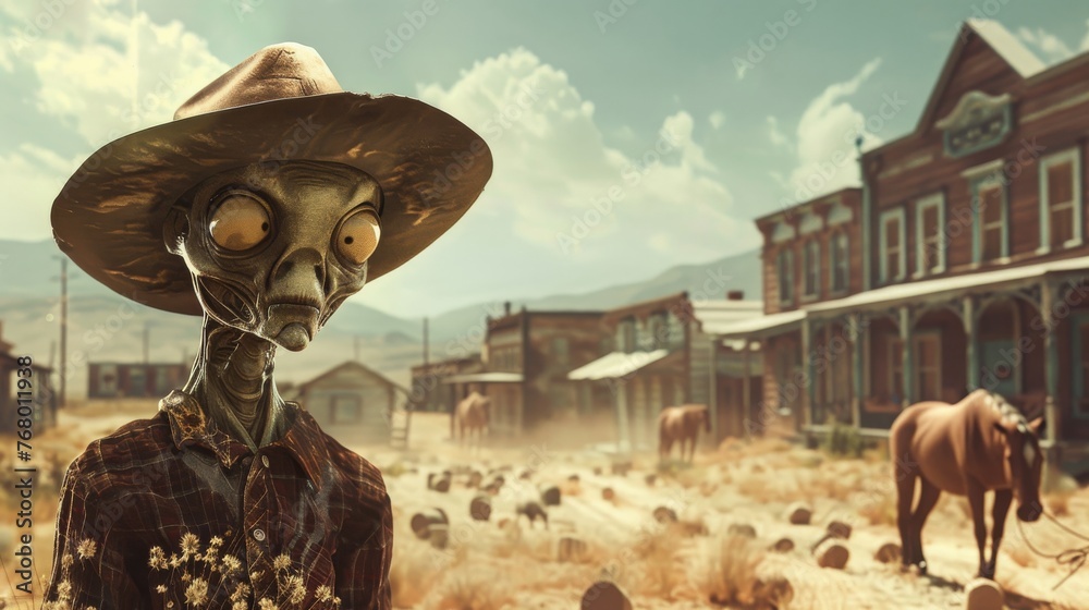 An alien dressed as a cowboy stands in a dusty Western town, creating a ...