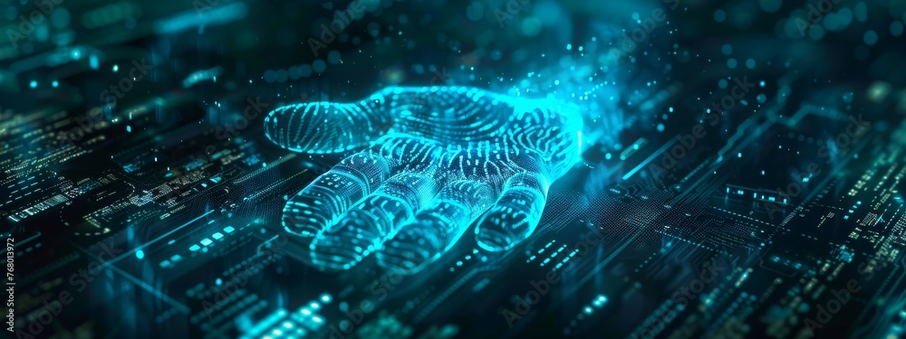 Digital handprint on a virtual security lock, symbolizing personal ...