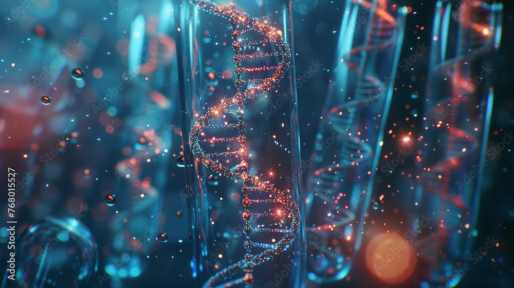 A 3D animation backdrop highlighting a magnified view of DNA strands ...