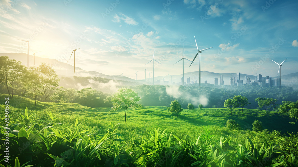 Hillside meadows fog and windmills generating electricity Concept of ...