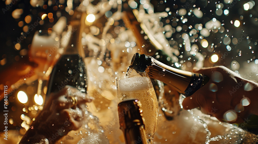 Celebration vibes with popping champagne bottles and clinking glasses ...