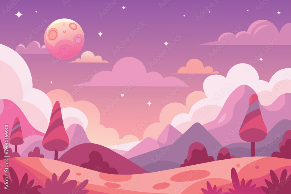 Cartoon Background Of Pink Sky Fantasy Landscape With Cute Nature Objects Outline Simple