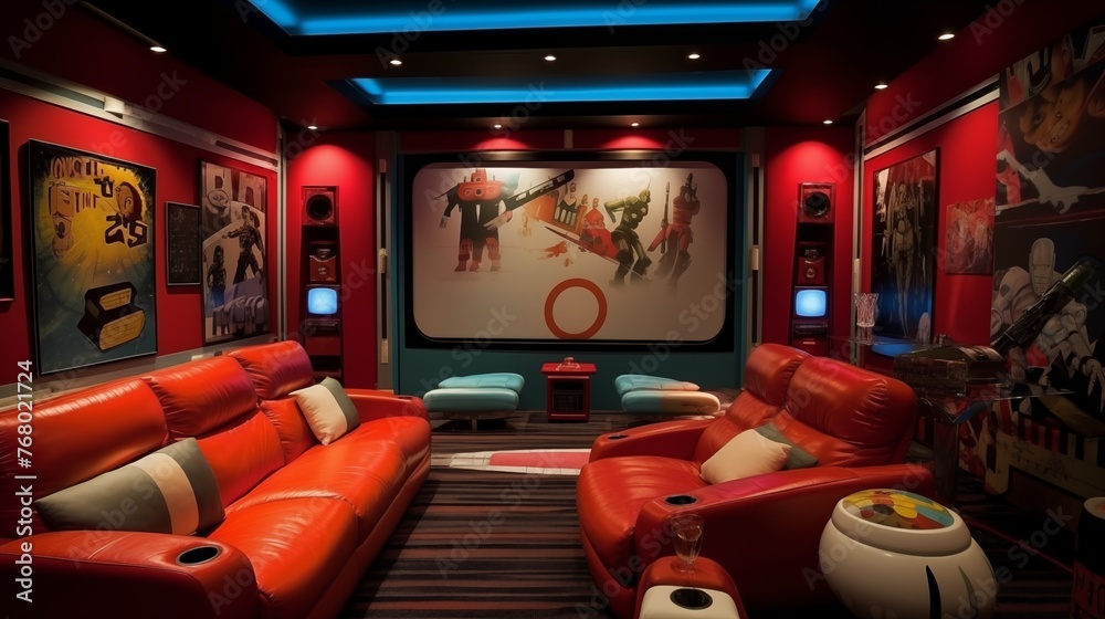 Retro home theater with vintage movie posters, marquee lighting, and ...