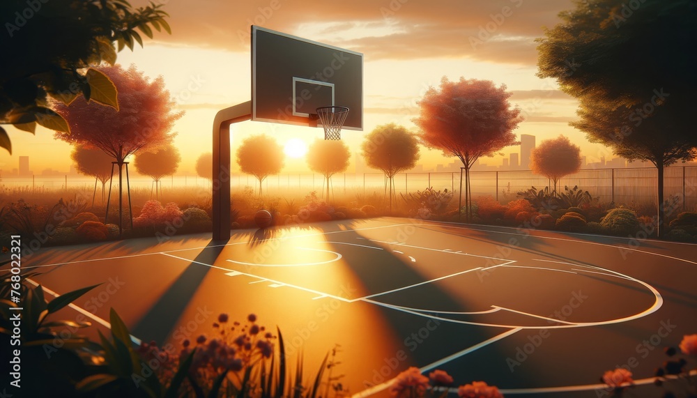 Basketball court outside, simple style, sunset glow, spring's greenery ...