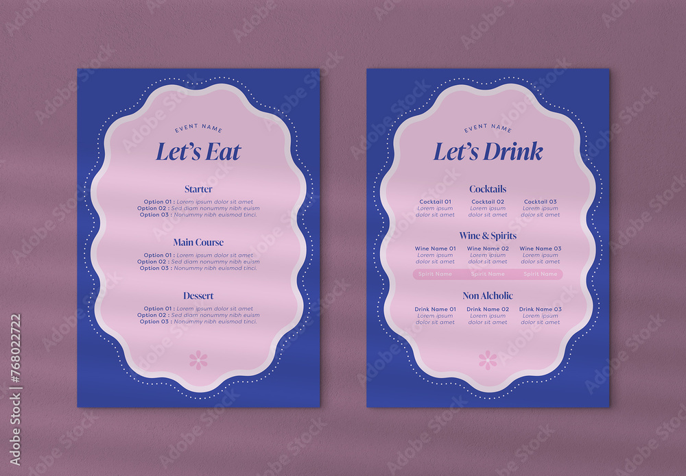 Food and Drink Menu with Blue and Pink Accents Stock Template | Adobe Stock