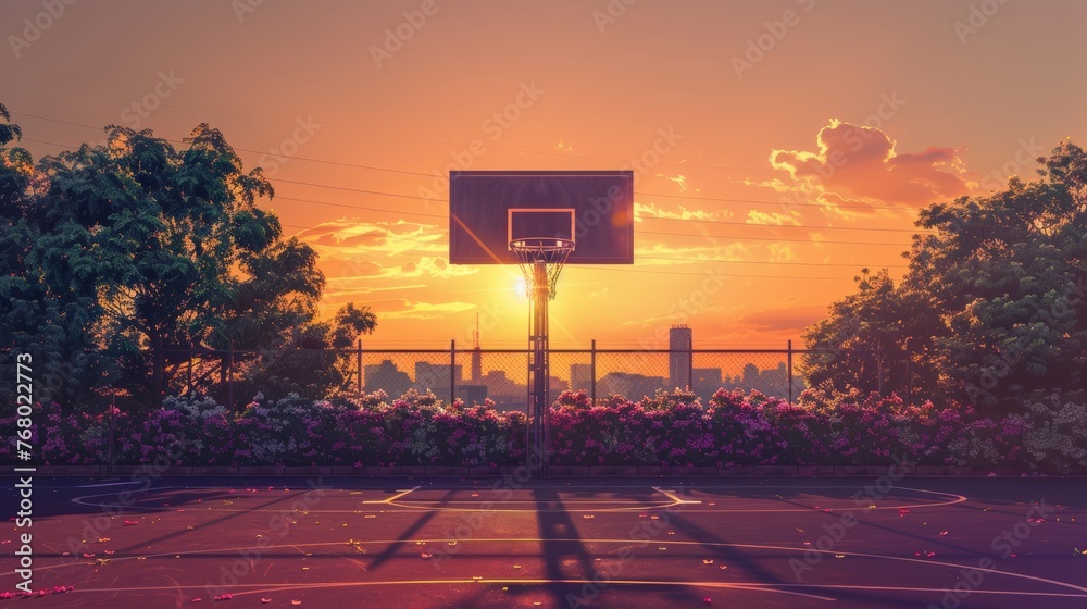 Basketball court outside, simple style, sunset glow, spring's greenery ...