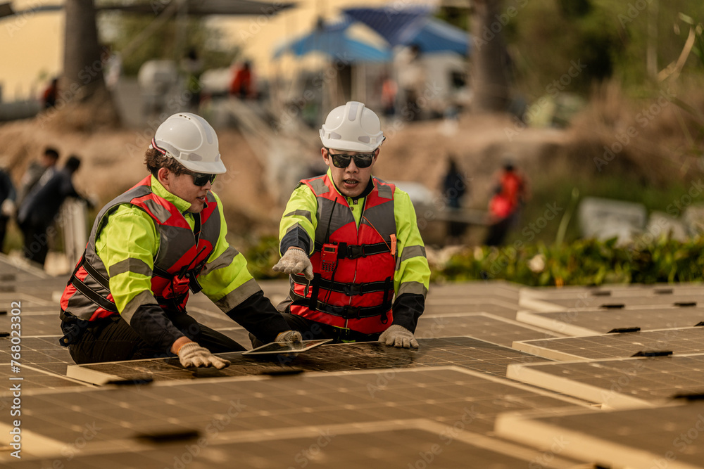 Photovoltaic engineers work on floating photovoltaics. workers Inspect ...