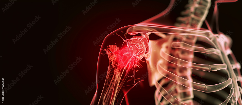 A highly detailed 3D illustration of human shoulder anatomy with ...