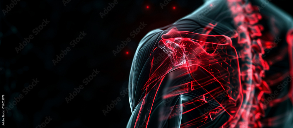 A highly detailed 3D illustration of human shoulder anatomy with ...
