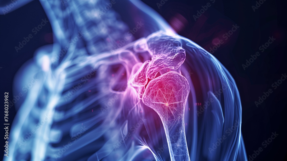 A highly detailed 3D illustration of human shoulder anatomy with ...