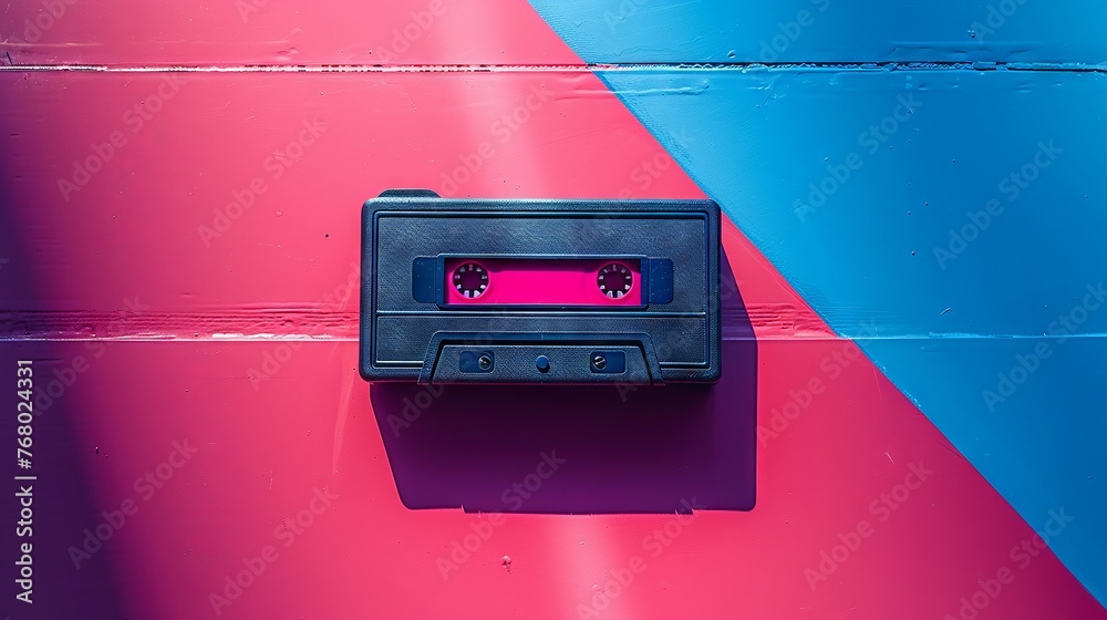 Cassette with its tape creating shapes on a bold dual-tone surface ...