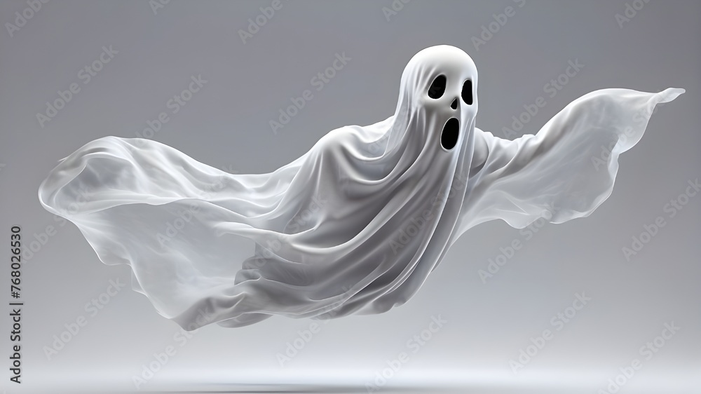 Flying Halloween ghost on a white sheet and an isolated cutout object ...