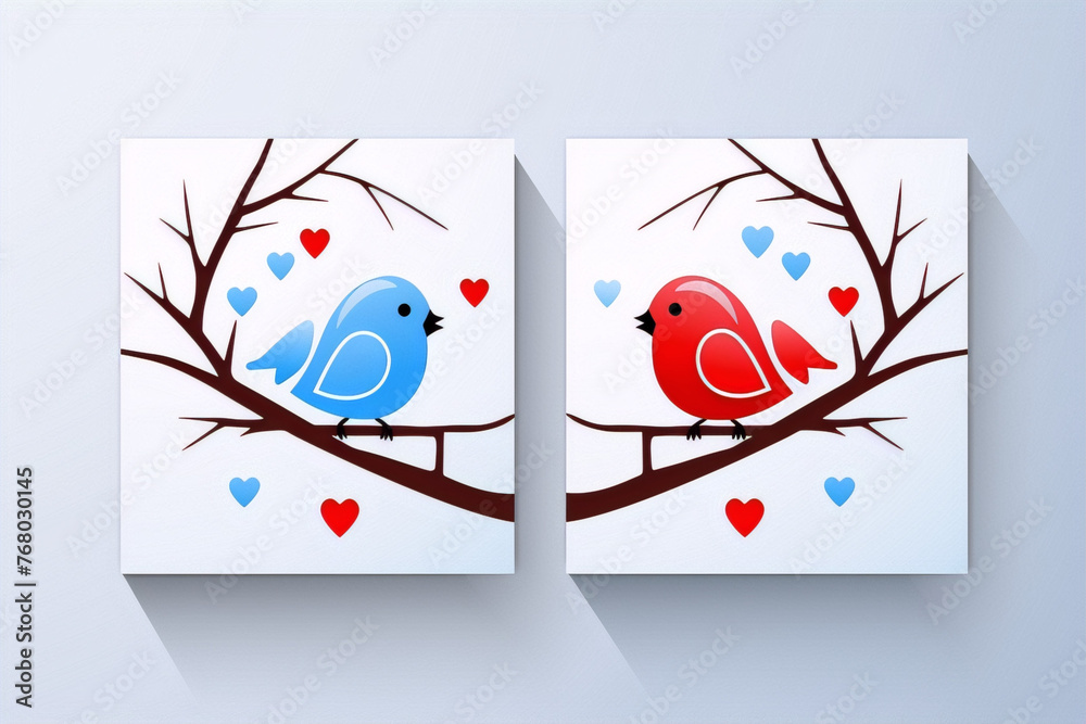 Two cartoon birds in love, one red and one blue, sitting on a branch ...