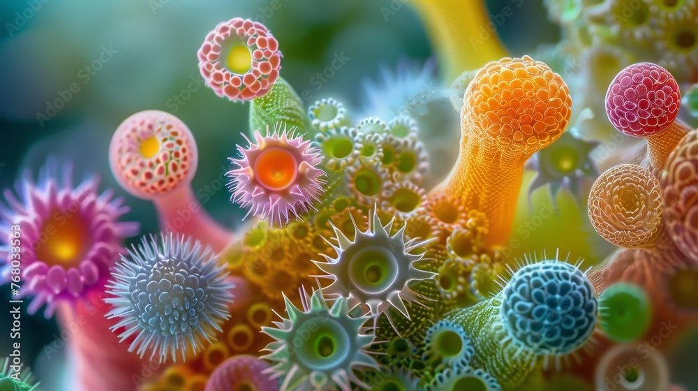 A vivid and colorful visualization of various pollen grains as seen ...