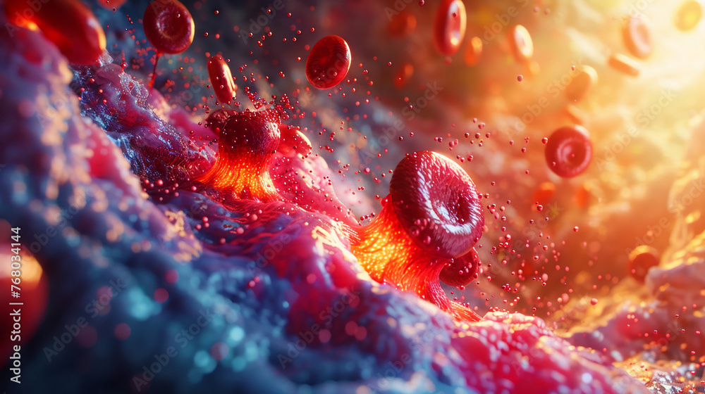 A red blood cell are repairing tears in a blood vessel wall, medical ...