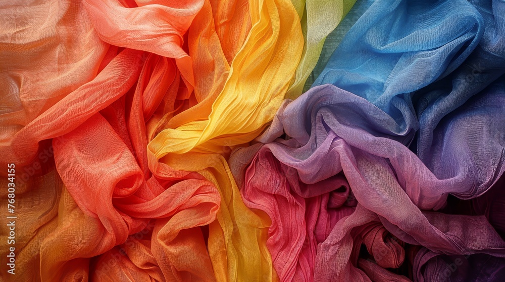 Soft sheer fabrics draped in a rainbow sequence, highlighting delicate ...