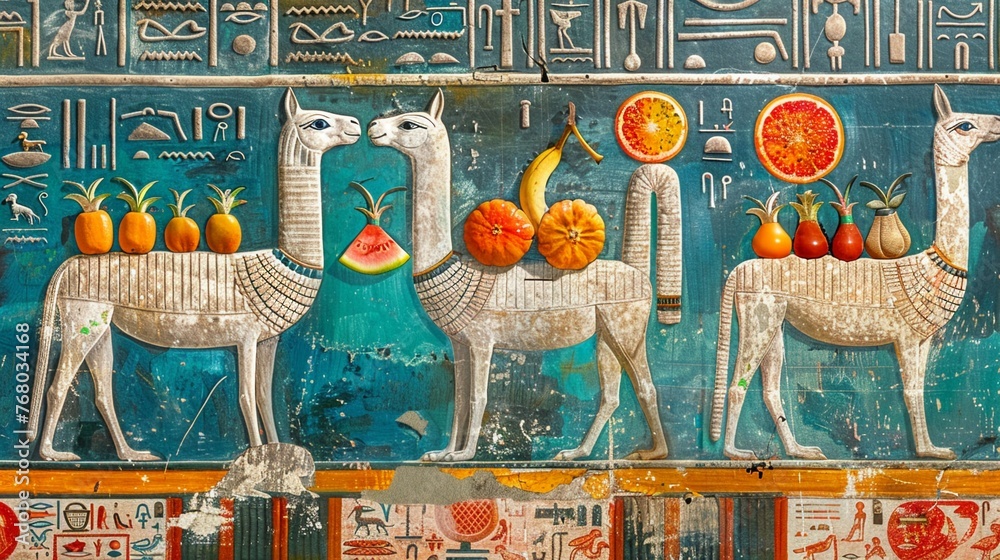 Ancient Egyptian murals reimagined with Alpacas as deities, offering ...