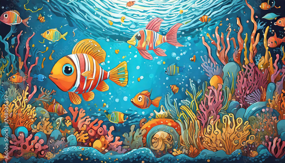 fish in the aquarium, coral reef and fishes, Vibrant Cartoon Coral Reef ...