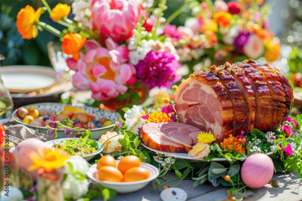 Spring table with glazed Easter ham and vibrant flower arrangement ...