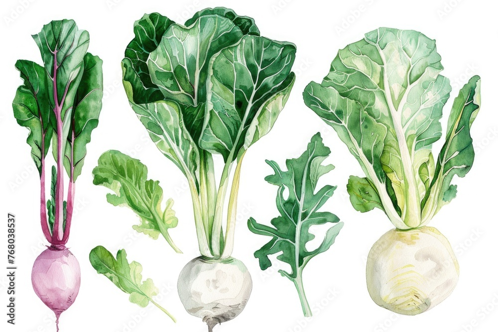 Farmfresh watercolor collection of turnips, collard greens, and endive ...