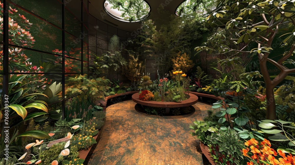 An innovative indoor garden space with lush plant life, curvilinear ...