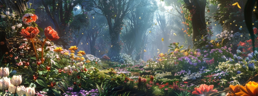 Visualize a vibrant, magical garden where every turn reveals a new ...