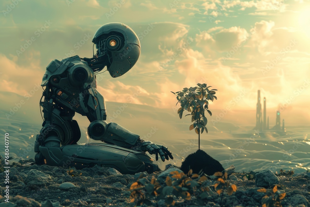 During sunset, a robot examines a plant, highlighting introspection and ...